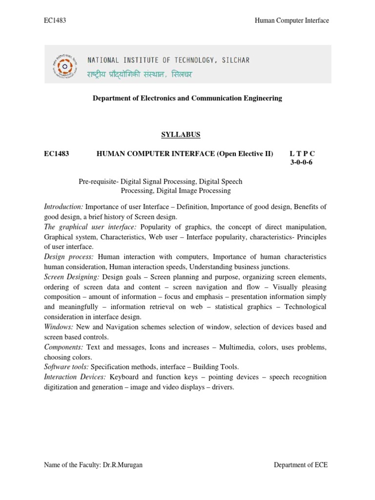 Ec1483-Hci-Lesson Plan | PDF | Graphical User Interfaces | Human–Computer Interaction