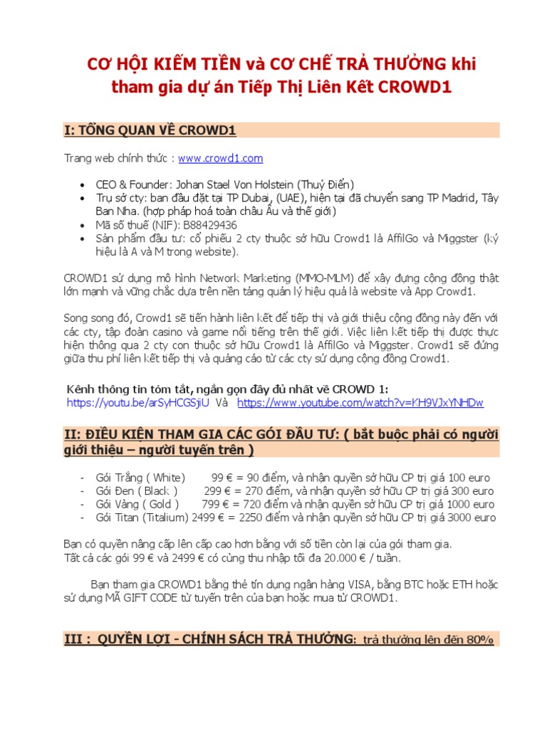 CƠ HỘI và CƠ CHẾ TRẢ THƯỞNG khi tham gia dự án Tiếp Thị Liên Kết CROWD1 ...