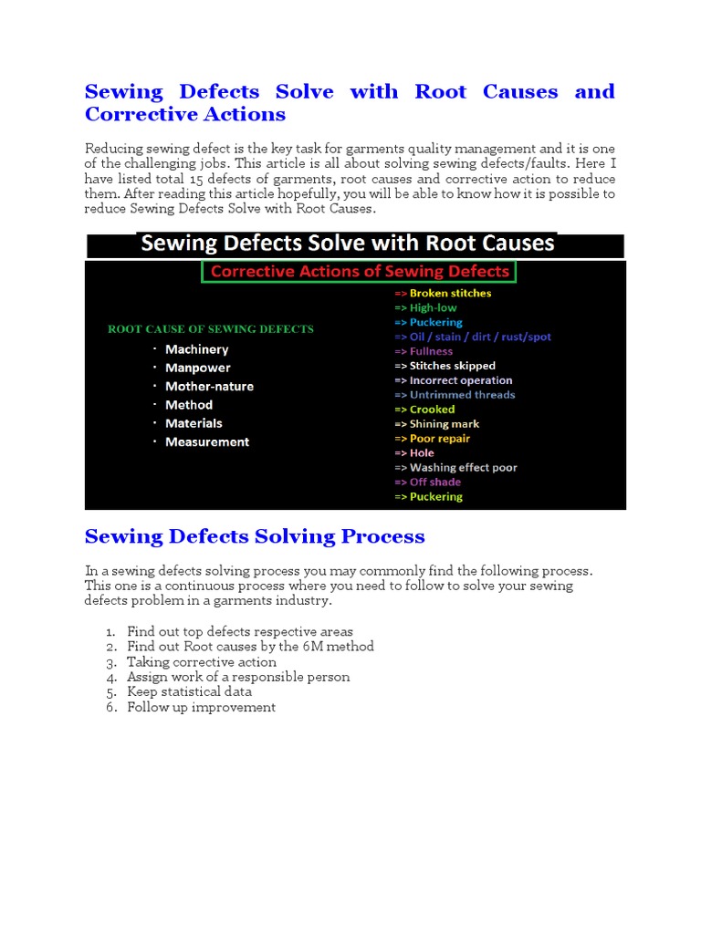Sewing Defect Reduction Guide with Root Cause Analysis | PDF | Sewing ...