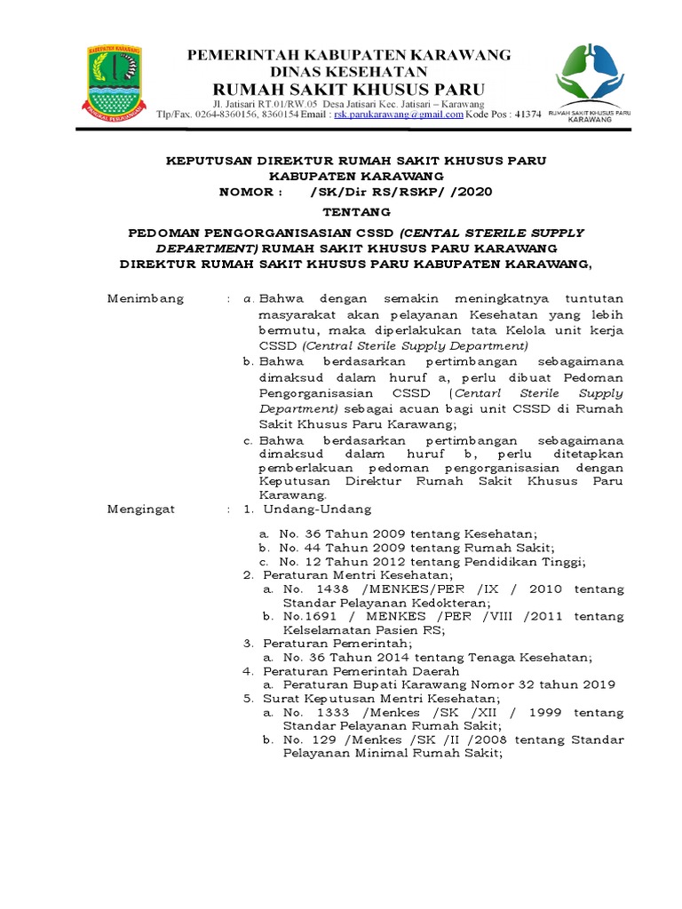 SK Pedoman Pengorganisasian CSSD | PDF | Griya & Taman