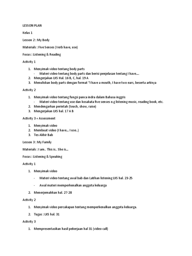 LESSON PLAN Kelas 1 | PDF