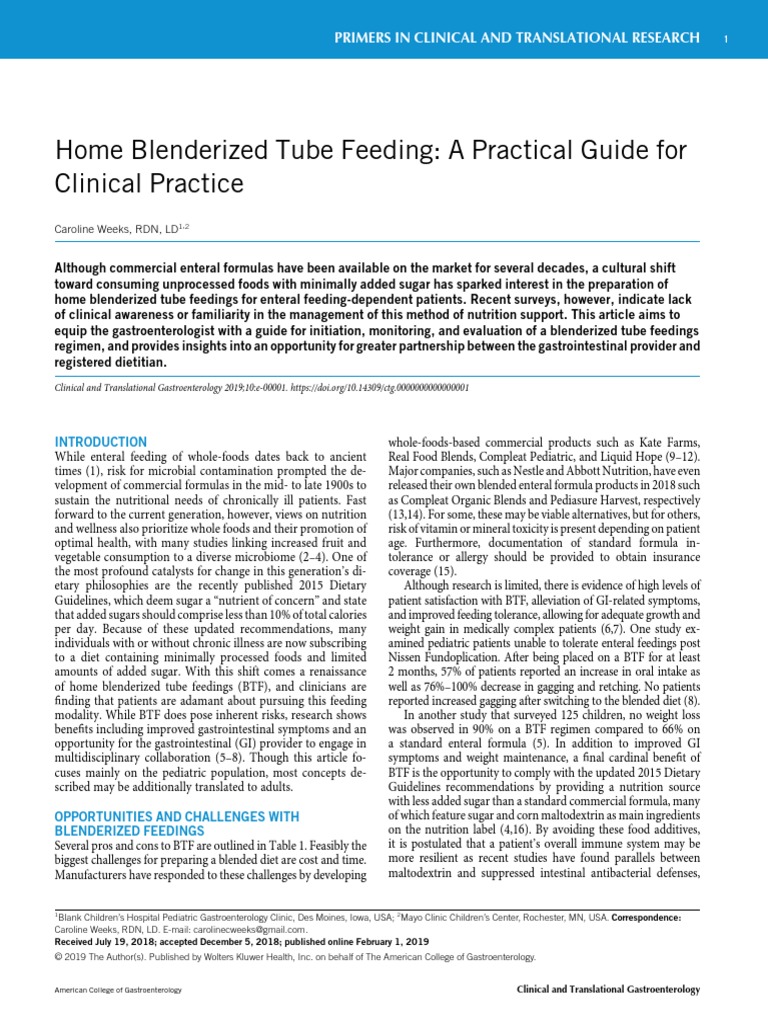 Home Blenderized Tube Feeding: A Practical Guide For Clinical Practice ...