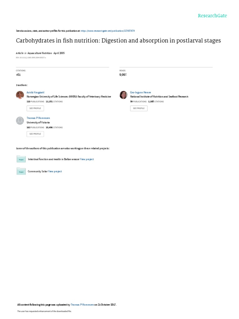 Carbohydrates in Fish Nutrition Digestion and Abso | PDF ...