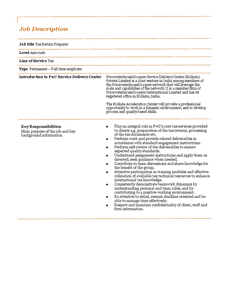 Job Description - Tax Return Preparer | PDF | Pricewaterhouse Coopers ...