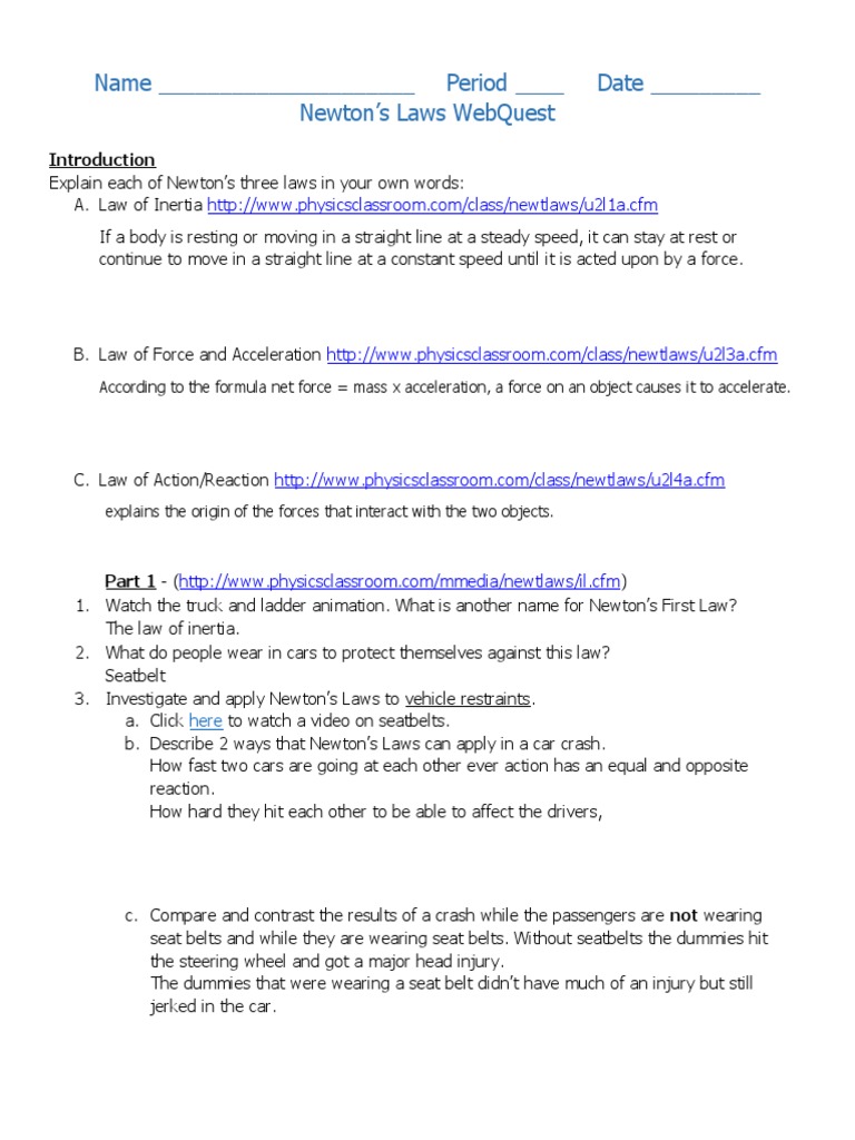 Newton's Laws WebQuest Guide | PDF | Newton's Laws Of Motion | Seat Belt