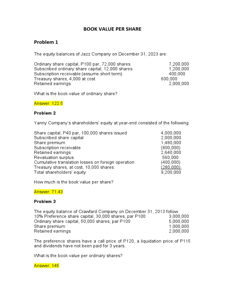 Book Value Per Share Problem 1 | PDF | Preferred Stock | Retained Earnings