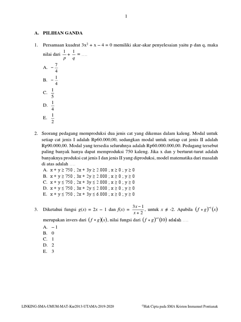 Naskah Soal USP Matematika Wajib - 1920 (Utama) | PDF