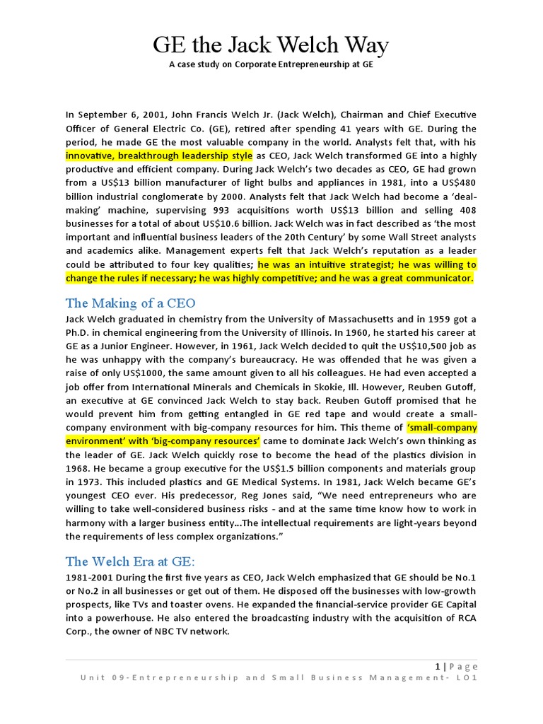 Case Study - Jack Welch | PDF | General Electric | Economies