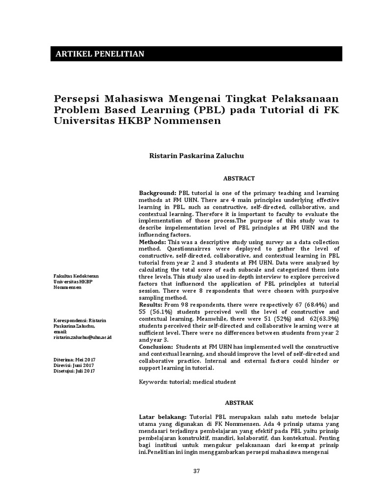 Persepsi Mahasiswa Mengenai Tingkat Pelaksanaan Problem Based Learning (PBL) Pada Tutorial Di FK ...
