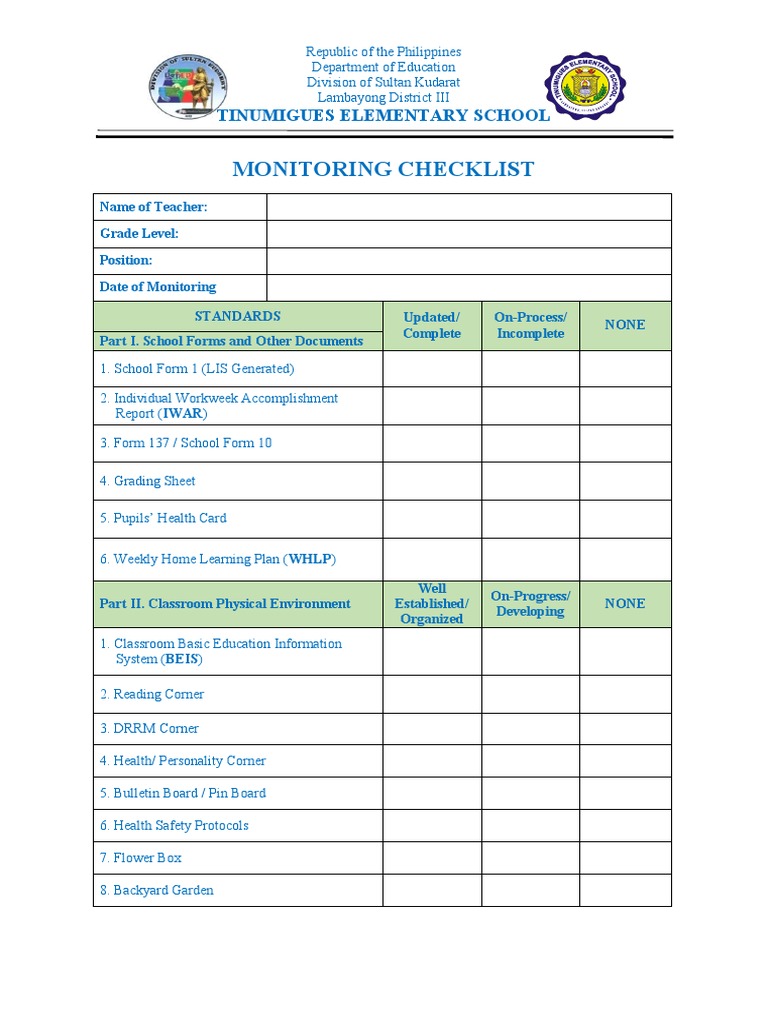 Monitoring Checklist: Tinumigues Elementary School | PDF | Human Nature ...