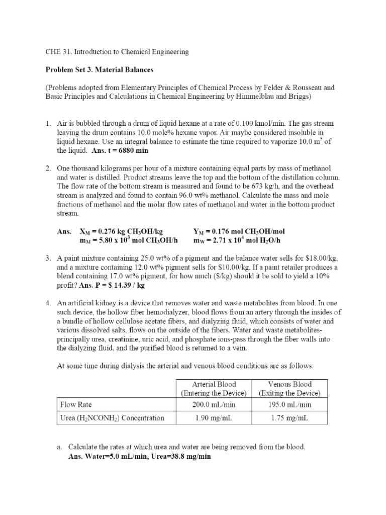 CHE 31. Introduction To Chemical Engineering Problem Set 3 | PDF