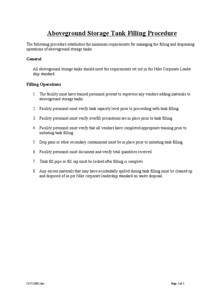 Aboveground Tank Filling Guidelines | PDF