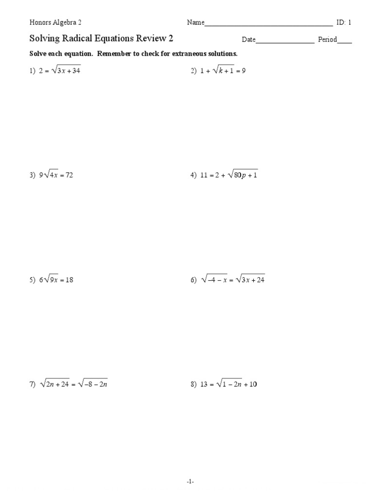 Solving Radical Equations Review 2 | PDF | Equations | Mathematical ...