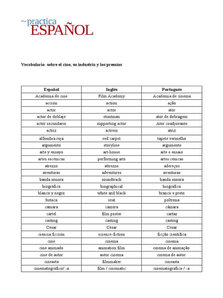 Vocabulario Sobre El Cine Practica Español | PDF | Fotografia ...