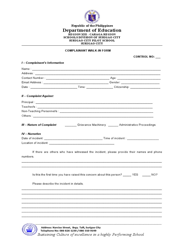 Analysis of a Complainant Walk-In Form from the Surigao City Pilot ...