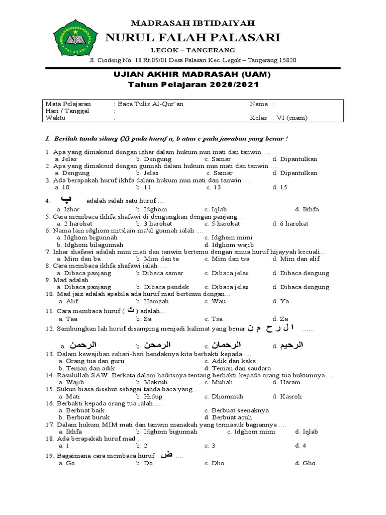 KLS 6 Soal Uam BTQ (2021) | PDF
