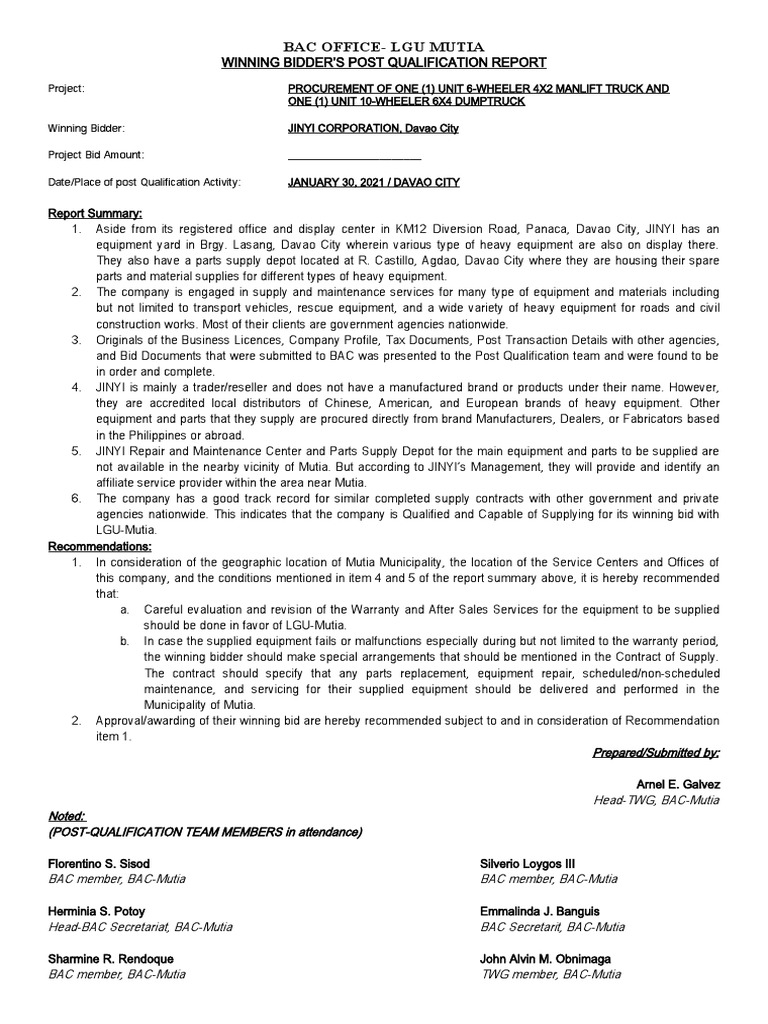 Winning Bidder'S Post Qualification Report: Bac Office-Lgu Mutia | PDF ...