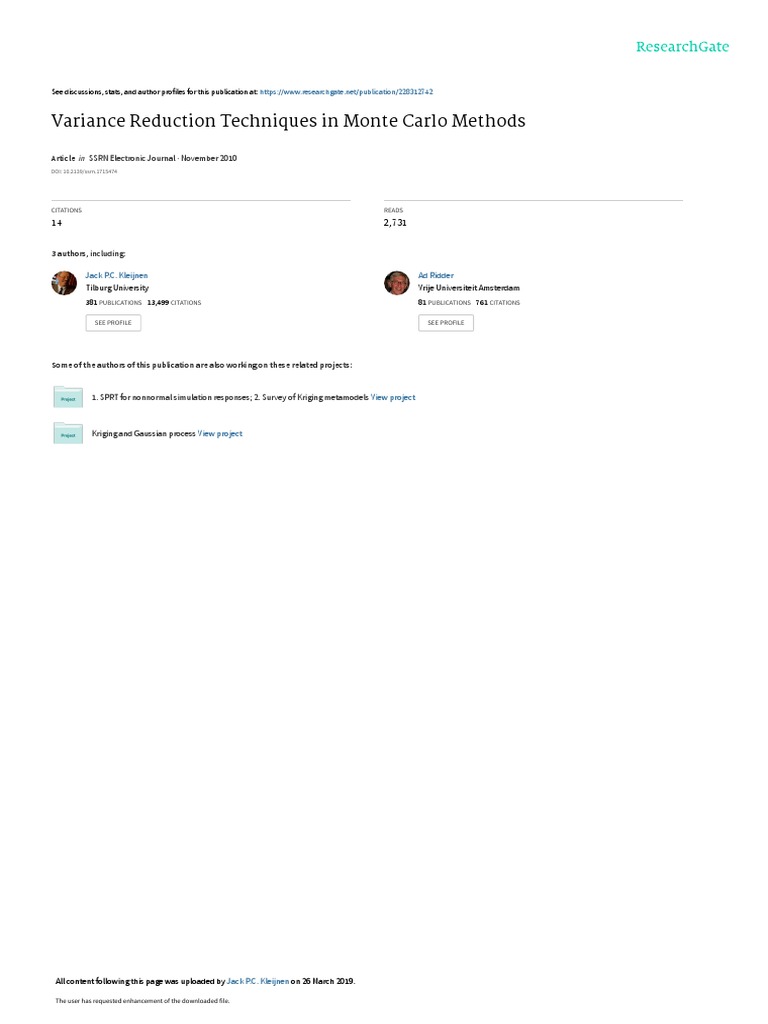 Variance Reduction Techniques in Monte Carlo Methods: SSRN Electronic ...
