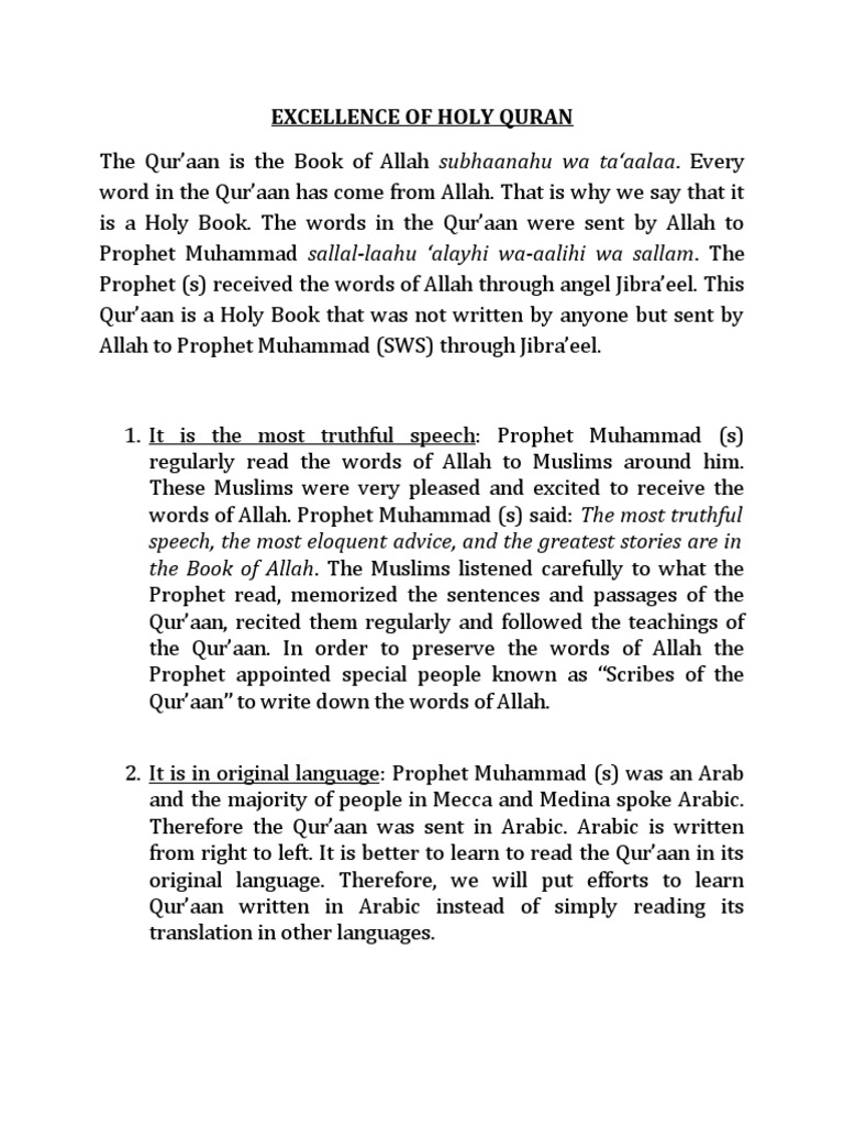 Importance of Holy Quran | PDF | Quran | Islam