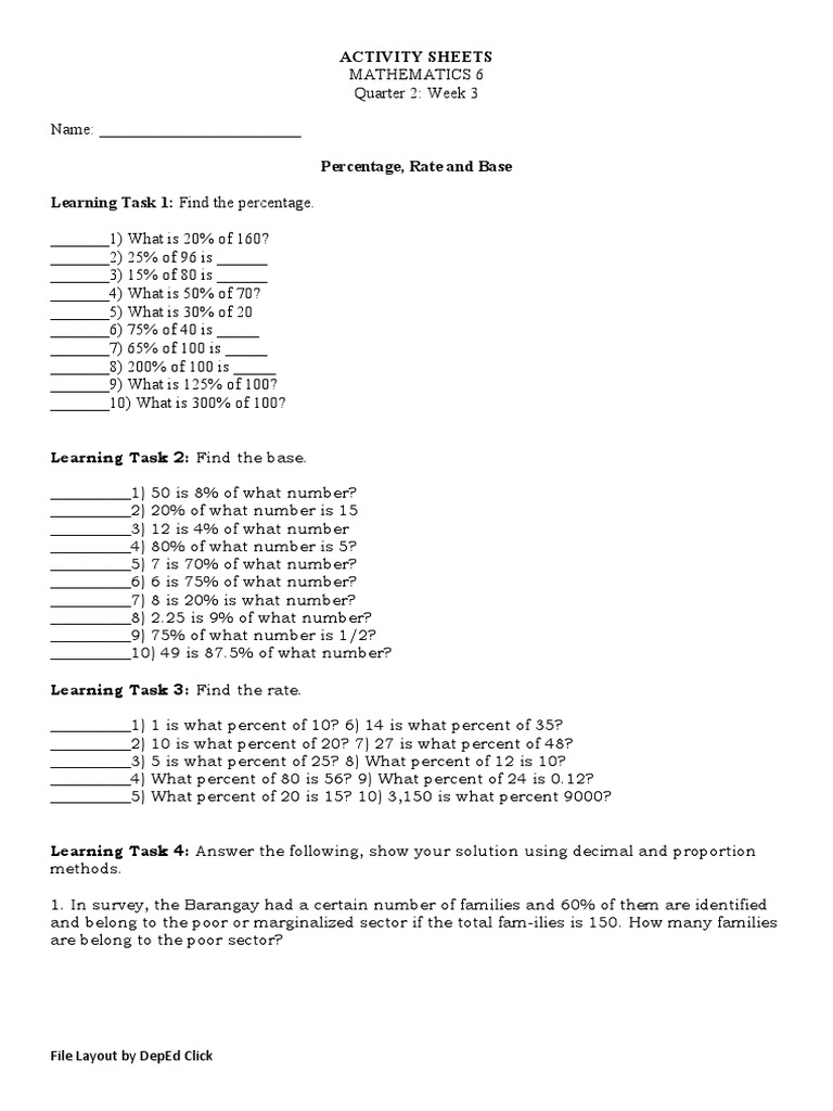 MATHEMATICS 6 Activity Sheet Q2 W3 | PDF