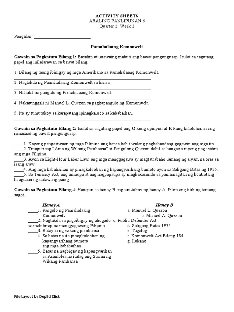 AP 6 Activity Sheet Q2 W3 | PDF