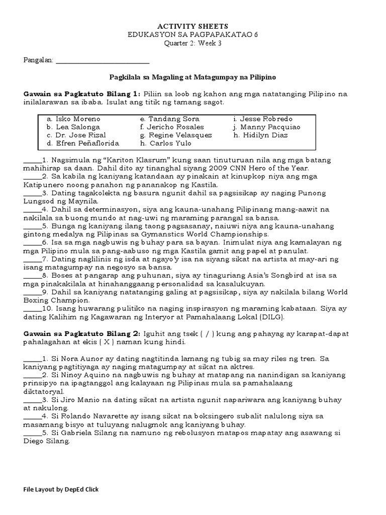 ESP 6 Activity Sheet Q3 W1 | PDF