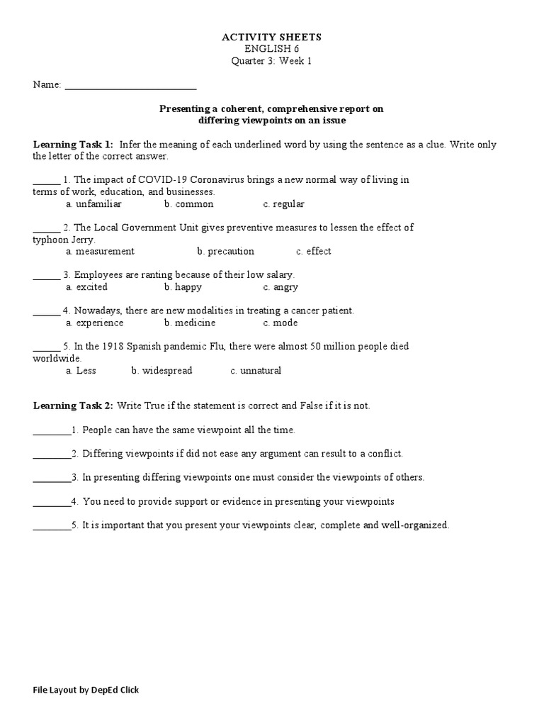 ENGLISH 6 Activity Sheet Q3 W1 | PDF