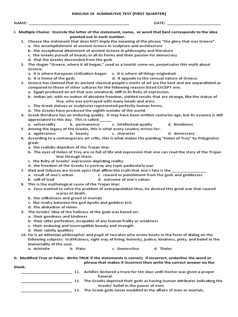 English 10 Summative Test | PDF | Trojan War | Iliad