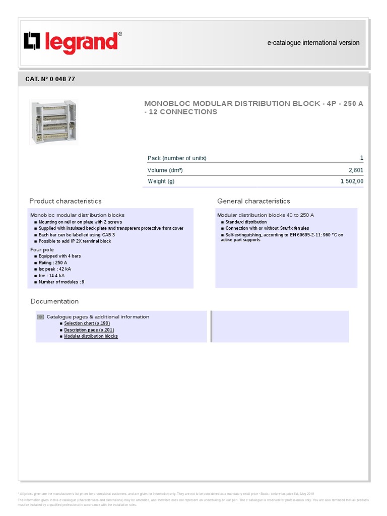 Monobloc Modular Distribution Block - 4P - 250 A - 12 Connections | PDF ...