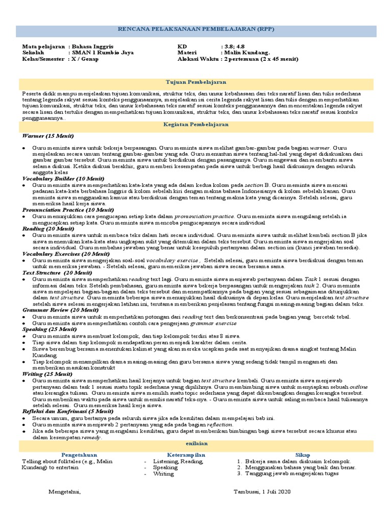 RPP Malin Kundang | PDF | Seni & Disiplin Bahasa