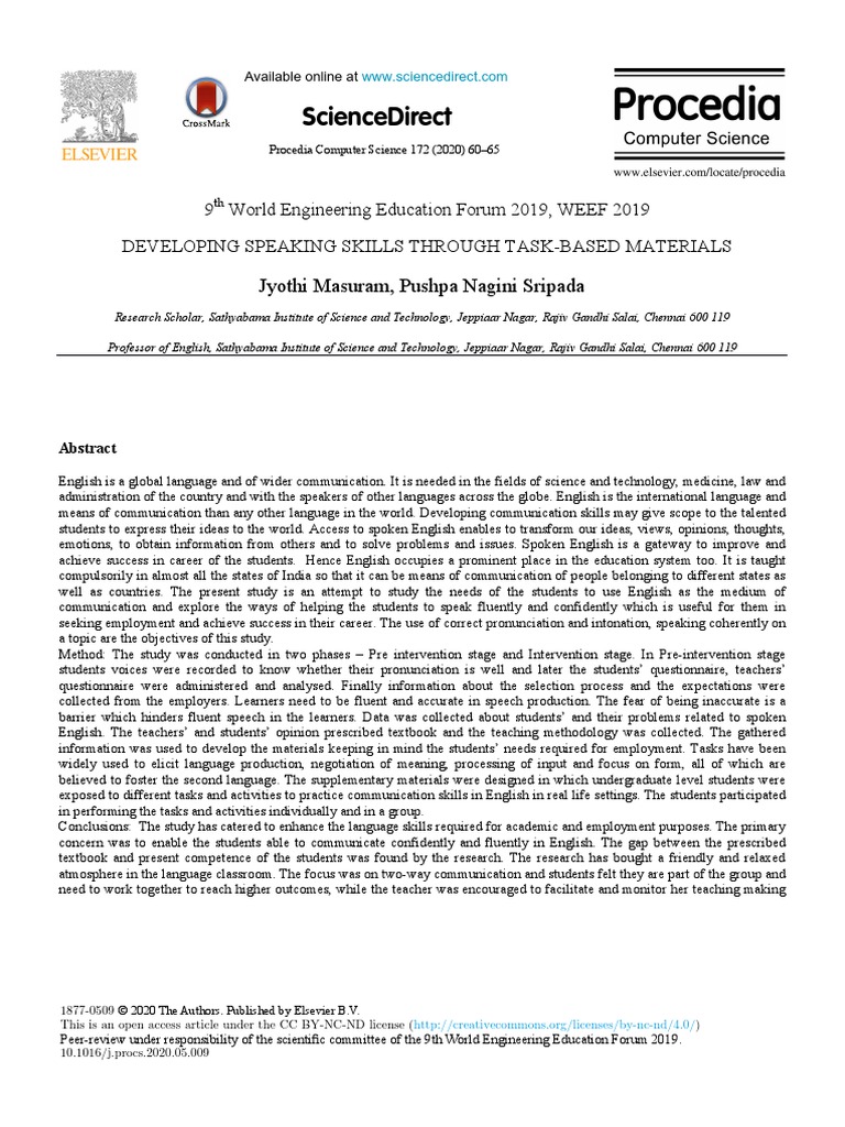 Developing Speaking Skill Through Task-Based Materials | PDF | Second Language | Fluency