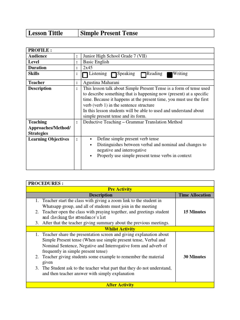 Lesson Plan TEFL Agustina Maharani | PDF | Verb | Morphology