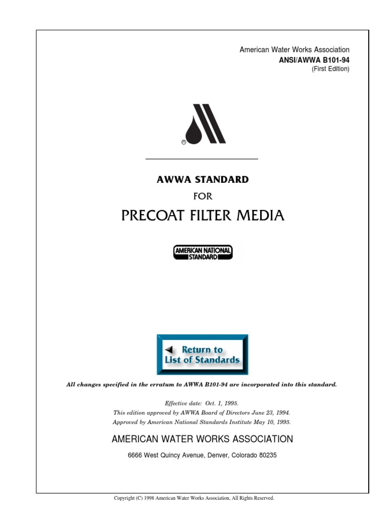 Precoat Filter Media: Awwa Standard | PDF | Filtration | Density