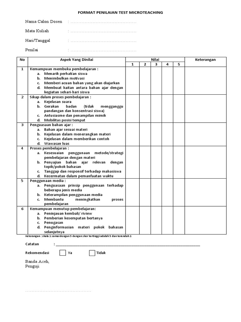 Format Penilaian Praktek Microteaching | PDF