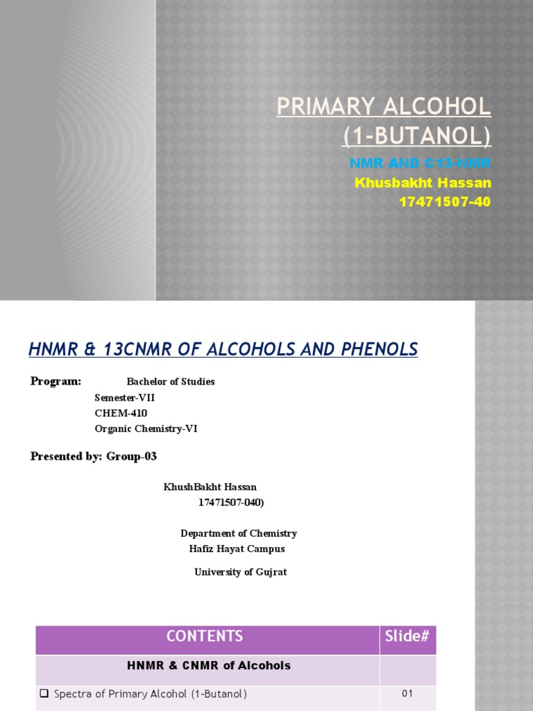 Primary Alcohol (1-BUTANOL) : NMR and C13-Nmr | PDF | Carbon 13 Nuclear ...
