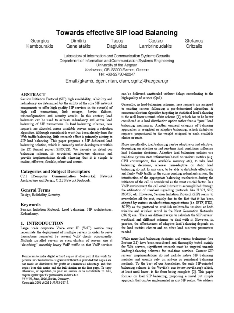 Towards Effective SIP Load Balancing | Download Free PDF | Session Initiation Protocol | Load ...