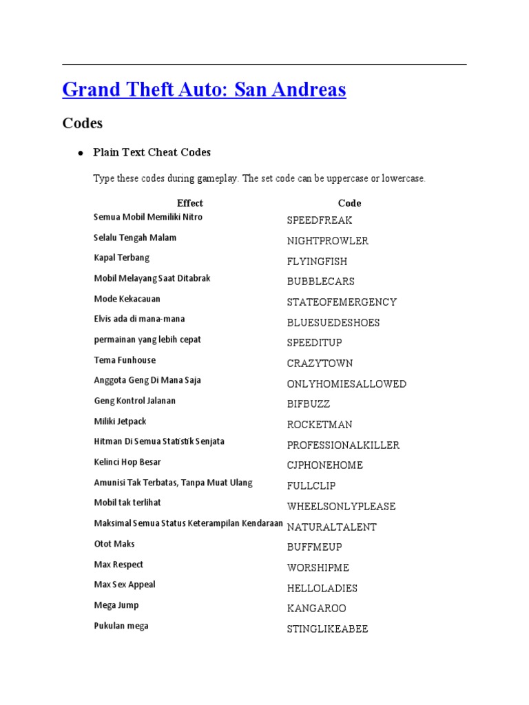 Grand Theft Auto: San Andreas: Codes | PDF