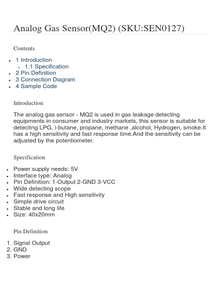 MQ2 Analog Gas Sensor Guide (SEN0127 | PDF | Gases | Electromagnetism