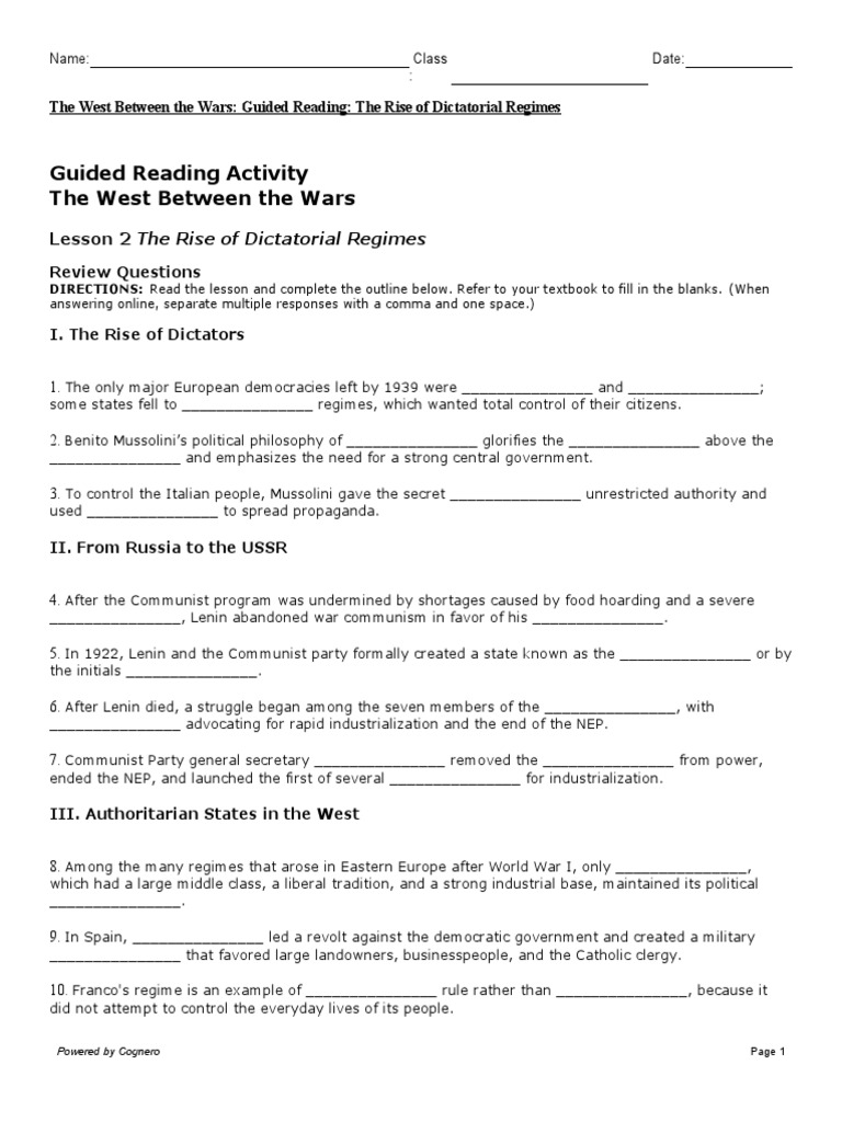 Guided Reading Activity The West Between The Wars: Lesson 2 The Rise of ...