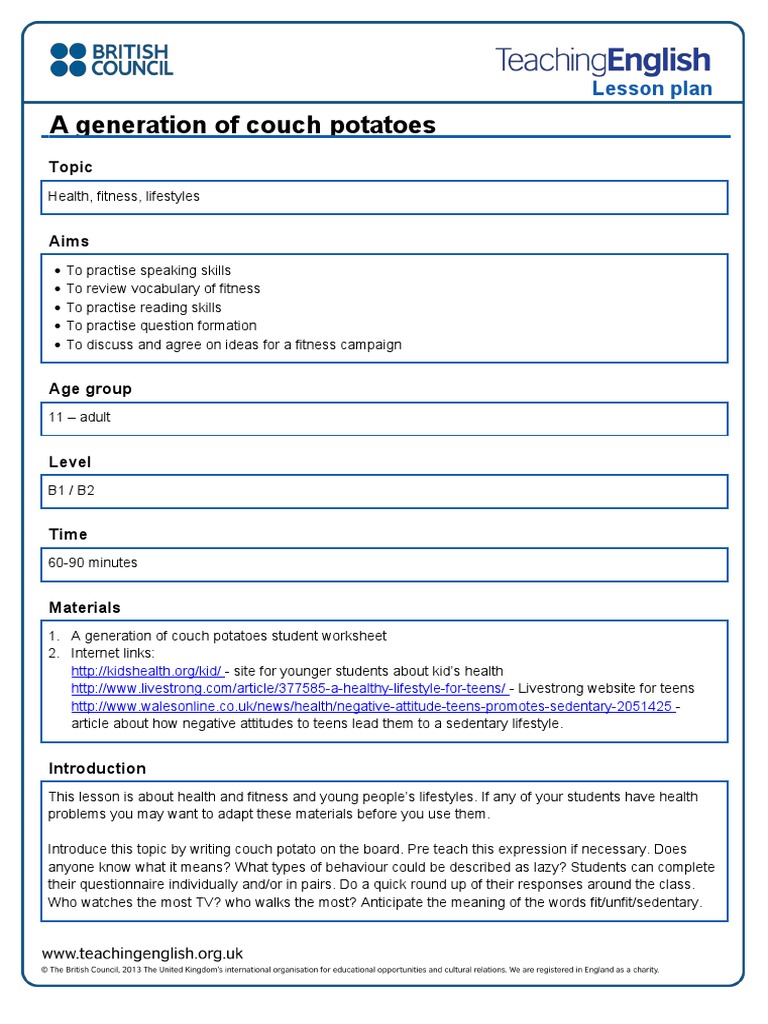 A Generation of Couch Potatoes: Lesson Plan | PDF | Sedentary Lifestyle ...