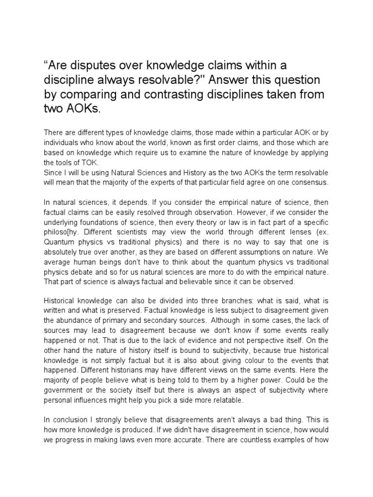 TOK (Disputes Over Knowledge Claims) | PDF | Natural Sciences | Science