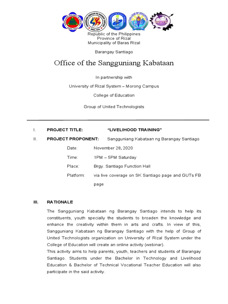 Activiity Proposal SK Livelihood Training | PDF | Human Nature