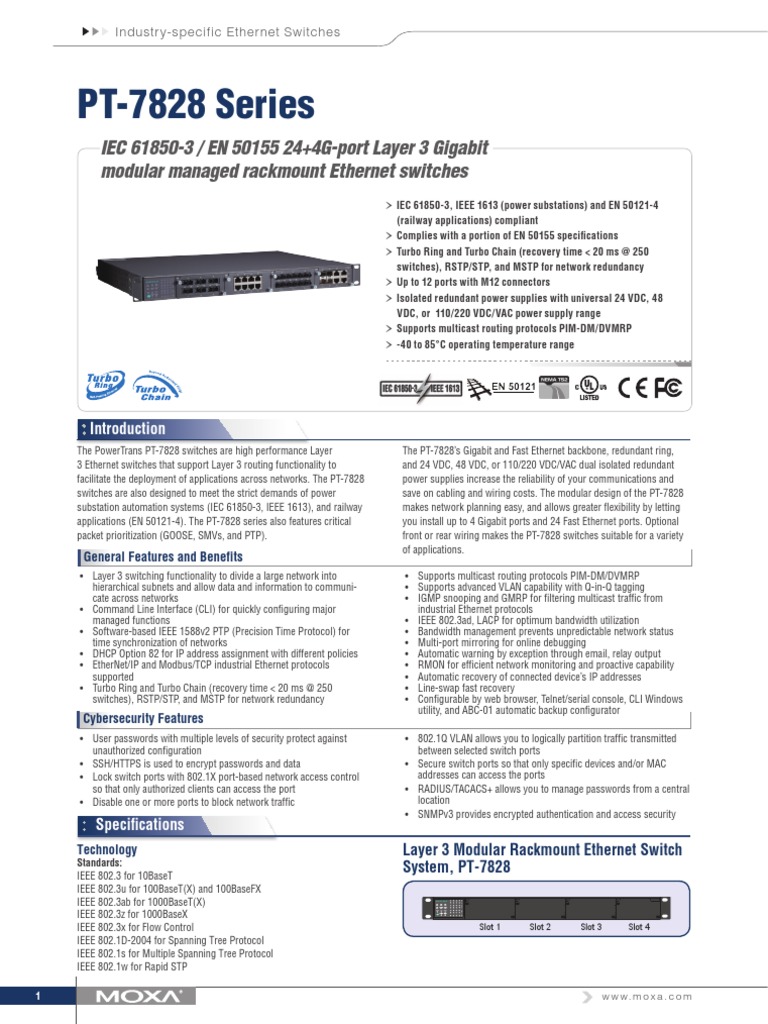 PT-7828 Series: IEC 61850-3 / EN 50155 24+4g-Port Layer 3 Gigabit ...