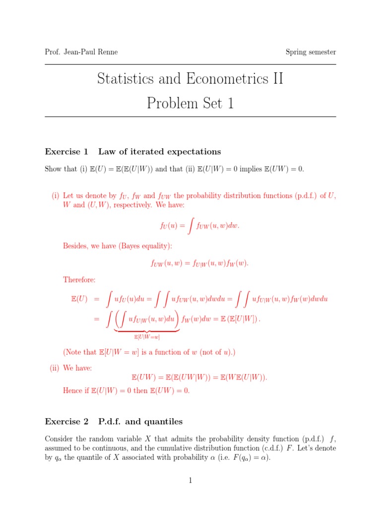 Statistics and Econometrics II Problem Set 1: Exercise 1 Law of ...