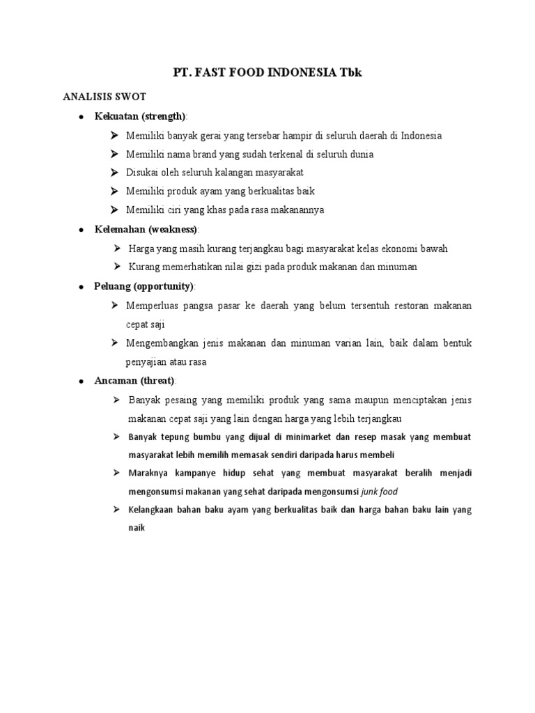 Analisis SWOT PT Fast Food Indonesia | PDF