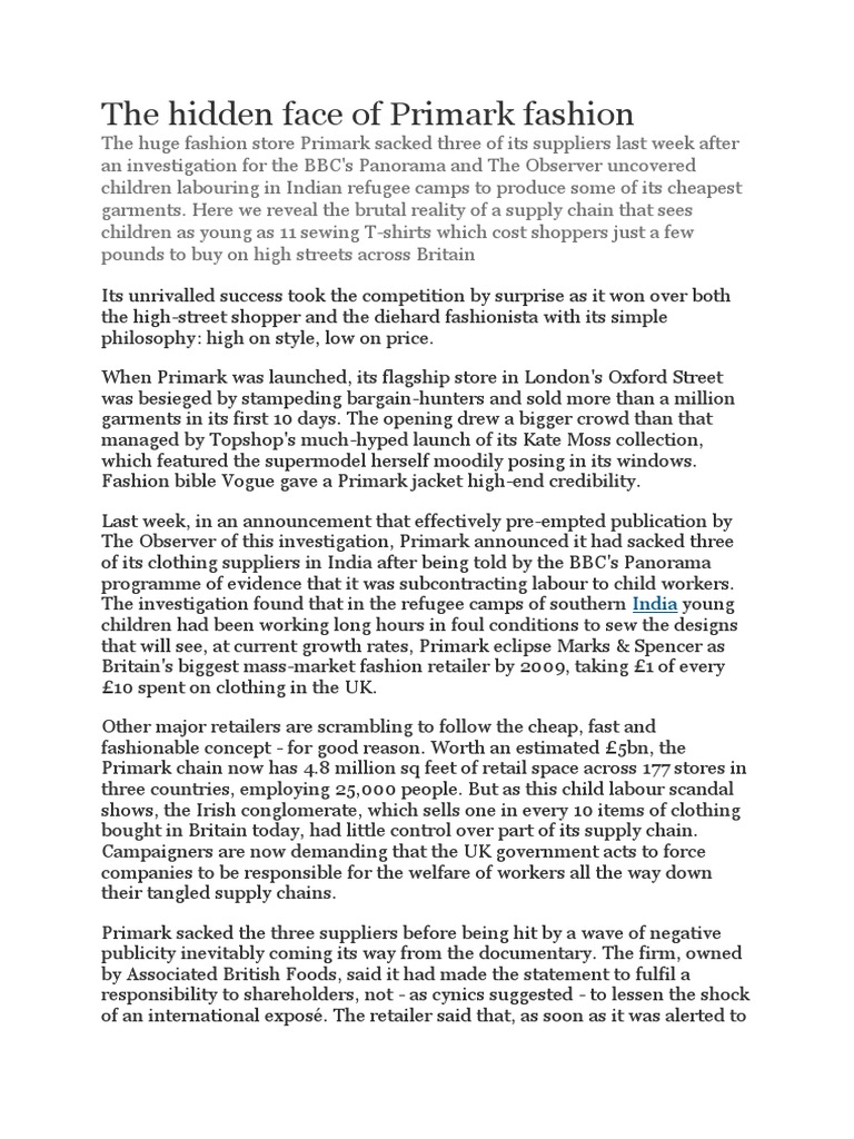 The Hidden Face Of Primark Fashion Pdf Sweatshop Child Labour