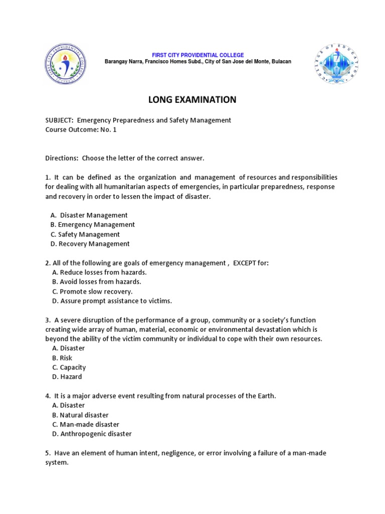 Long Exam 1 Emergency Preparedness | PDF | Emergency Management | Hazards