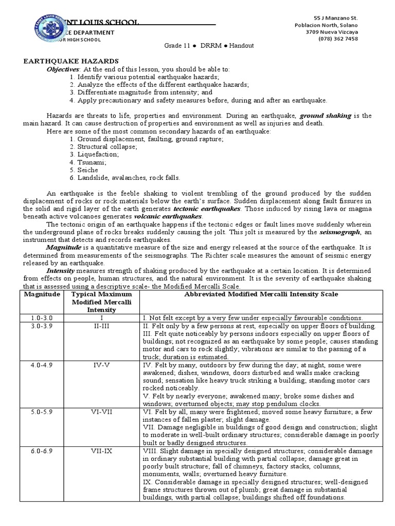 Saint Louis School: Earthquake Hazards | PDF | Landslide | Earthquakes