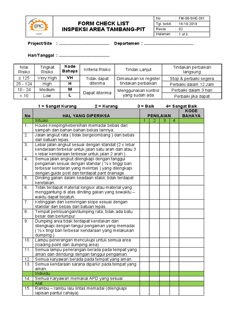 Checklist Inspeksi Area Tambang-PIT | PDF
