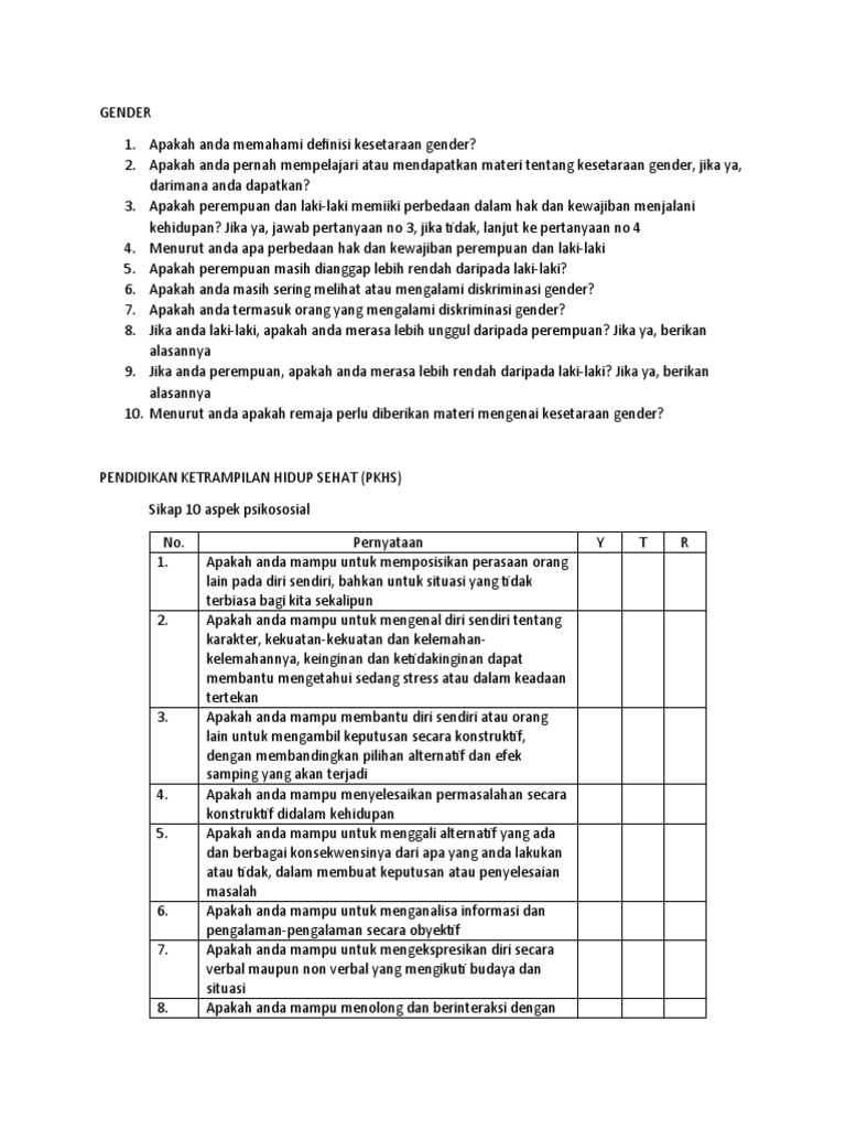 Kuesioner Gender Dan Pkhs | PDF | Karier & Perkembangan